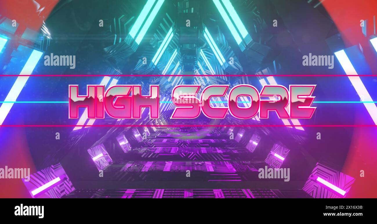 Image of high score text banner against neon tunnel in seamless pattern ...