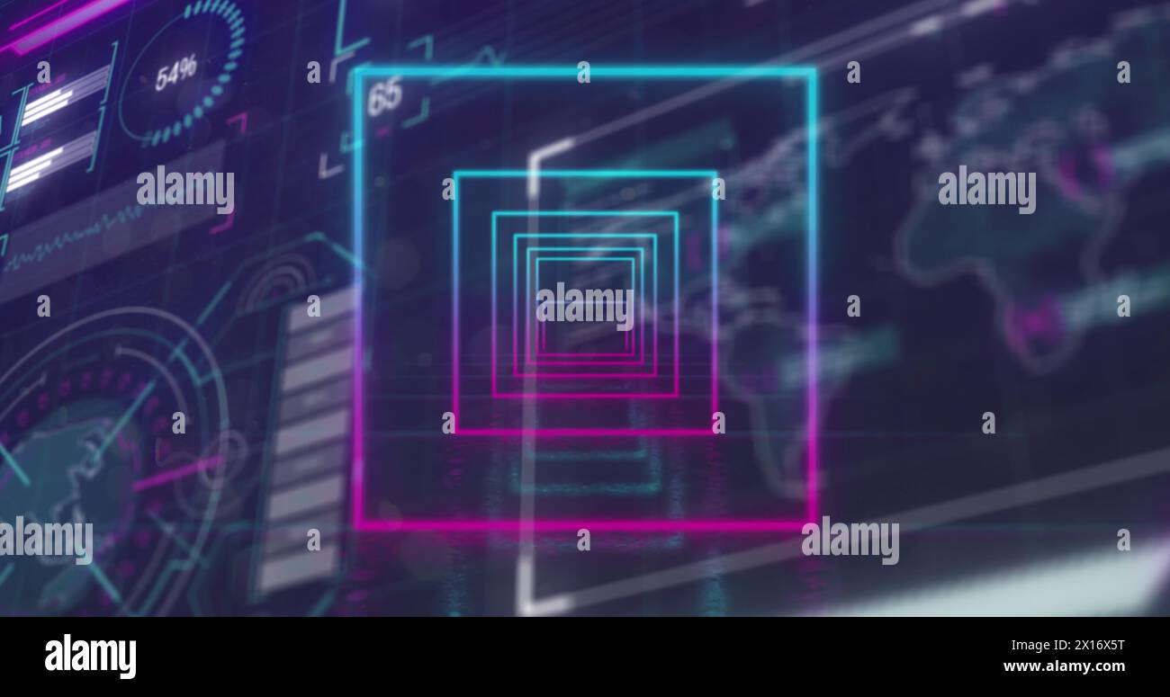 Image of looping squares tunnel over globe, map, loading circles and ...