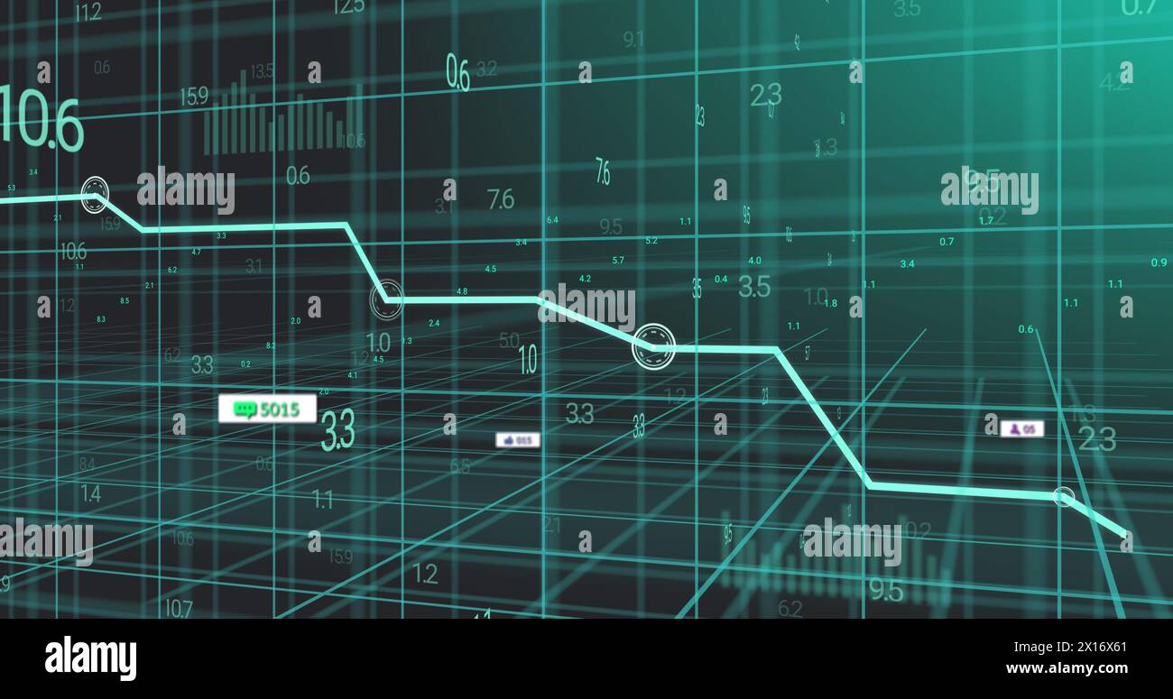 Image of graph over numbers and icon in message boxes with changing ...