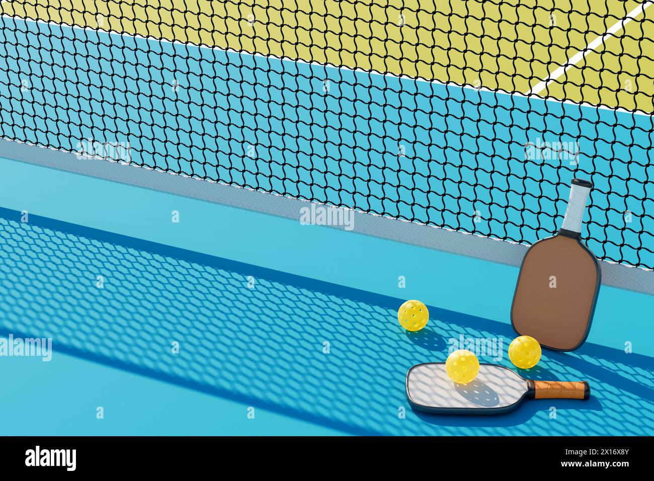 Pickleball rackets and balls near the sports net. 3D rendering Stock ...