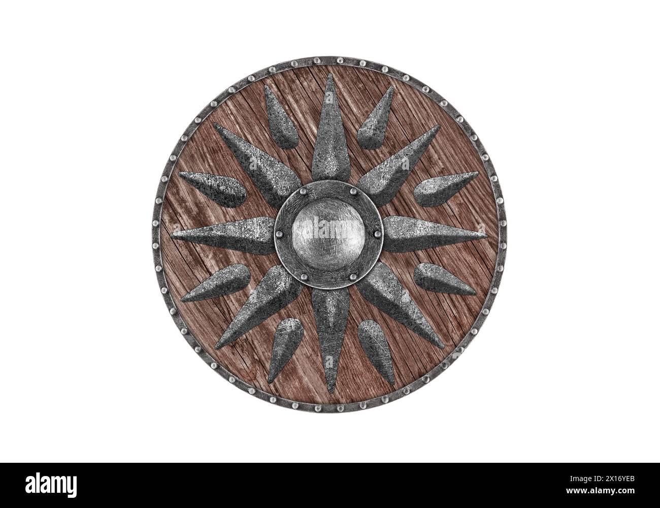 Old decorated wooden round shield isolated on white background Stock ...