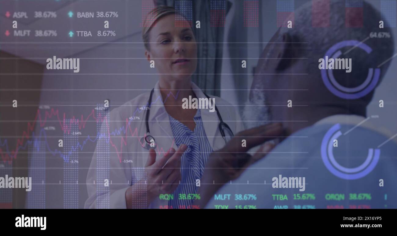 Image of graphs and trading board over diverse female doctor examining ...