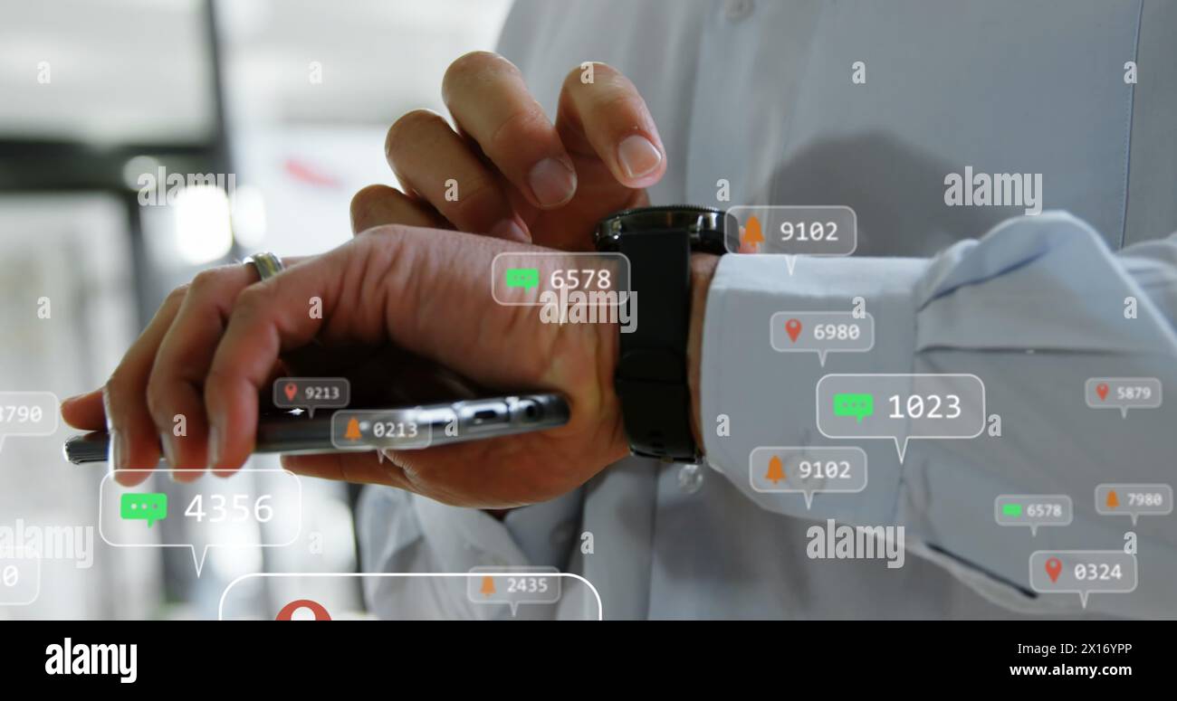 Image of notification bars over caucasian man using smartphone and scrolling on smartwatch Stock ...