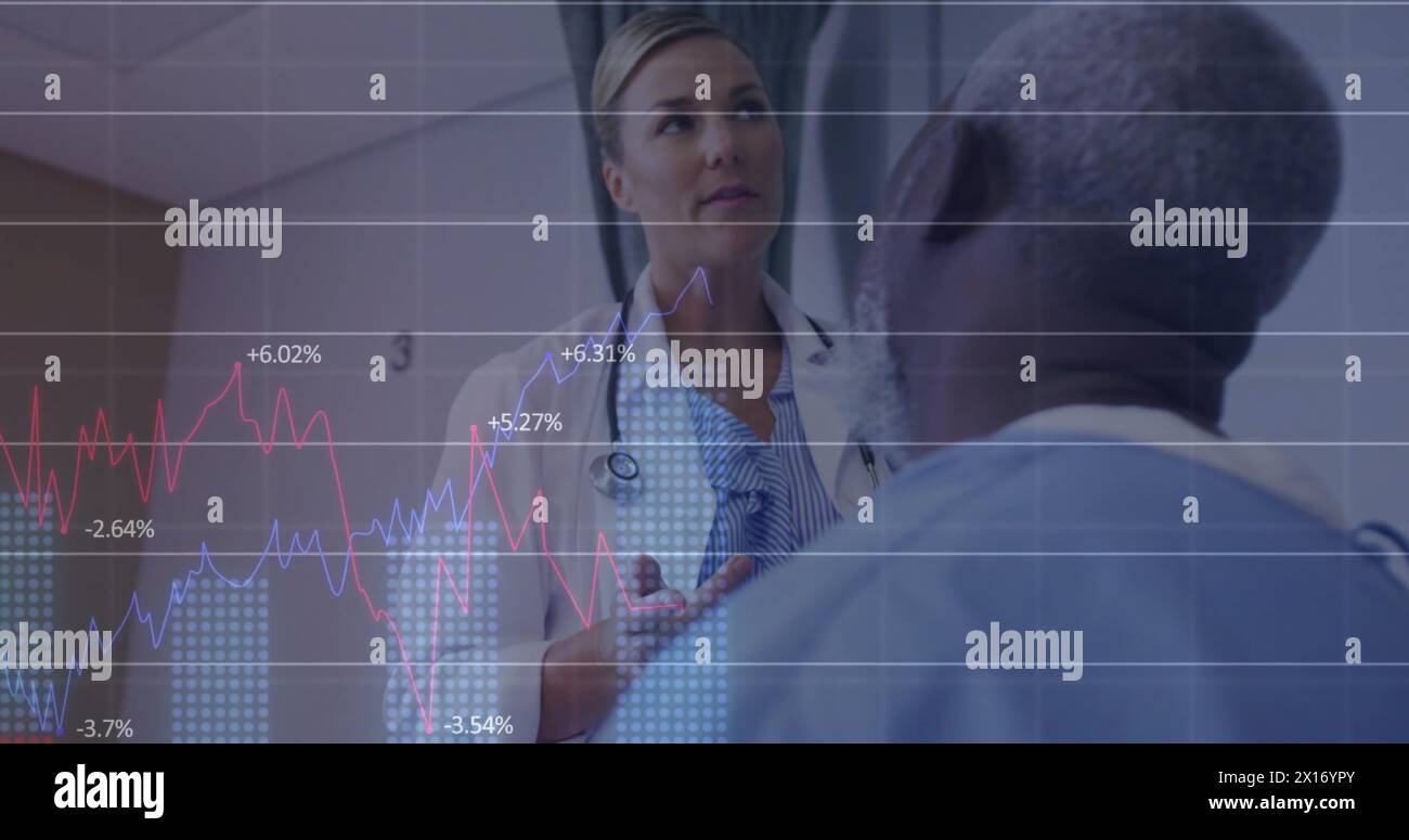 Image of multiple graphs with changing numbers, diverse female doctor ...