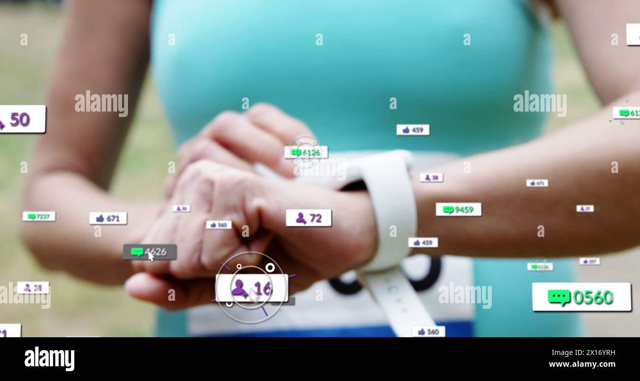 Image of notification bars over midsection of female marathon runner ...