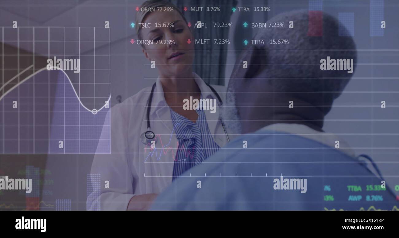 Image of graphs and trading board over diverse female doctor examining ...