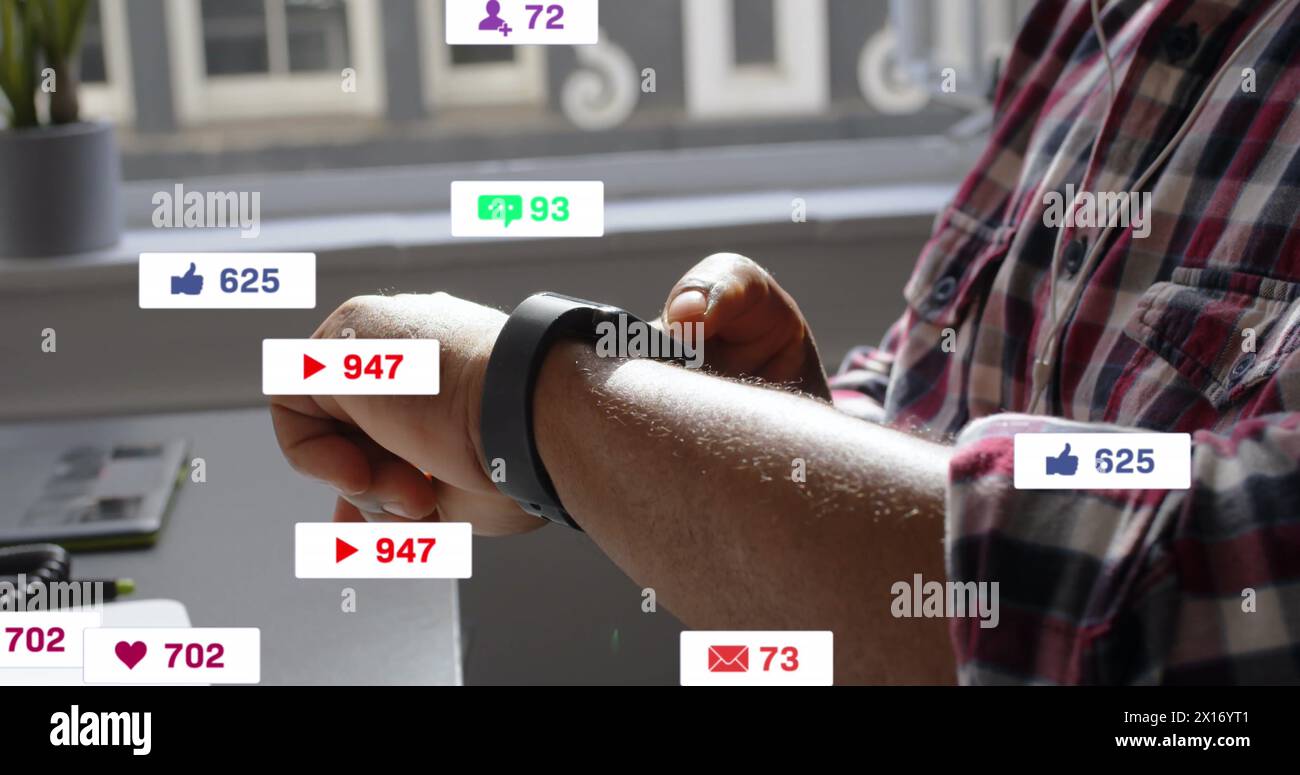 Image of changing numbers, icons in notification bars, biracial man using smartwatch Stock Photo ...