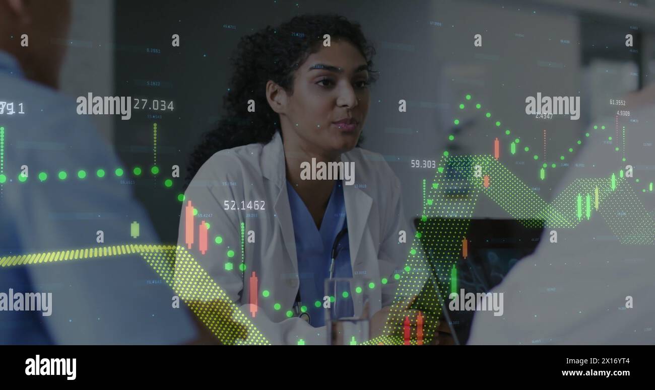 Image of multiple graphs and numbers over diverse female doctor ...