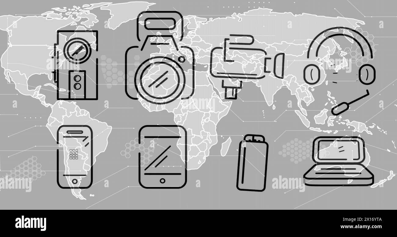 Image Of Technology Icons Over World Map On Grey Background Global