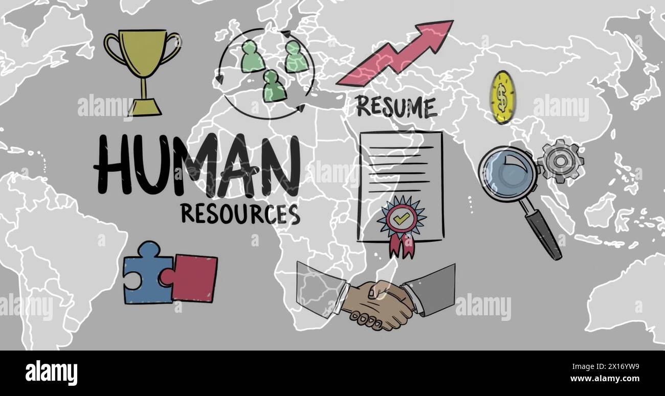 Image of human resources with icons over world map on grey background ...