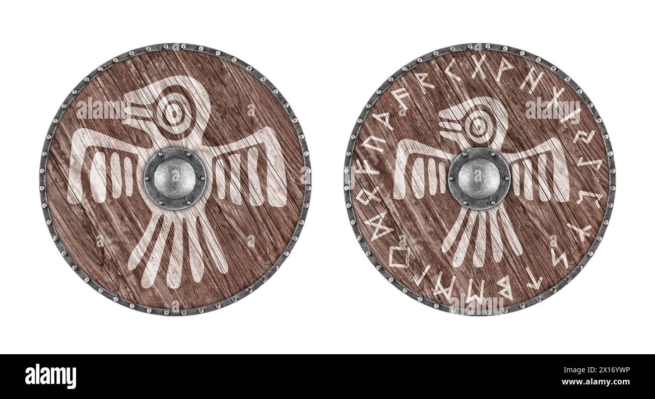 Old wooden round shield decorated with painted bird isolated on white ...