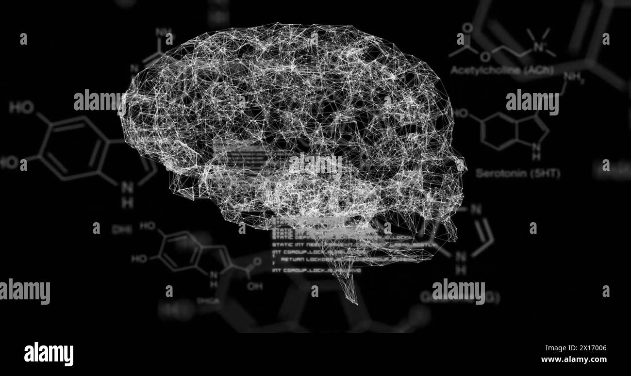 Image of molecular structure diagrams and symbols over rotating brain ...