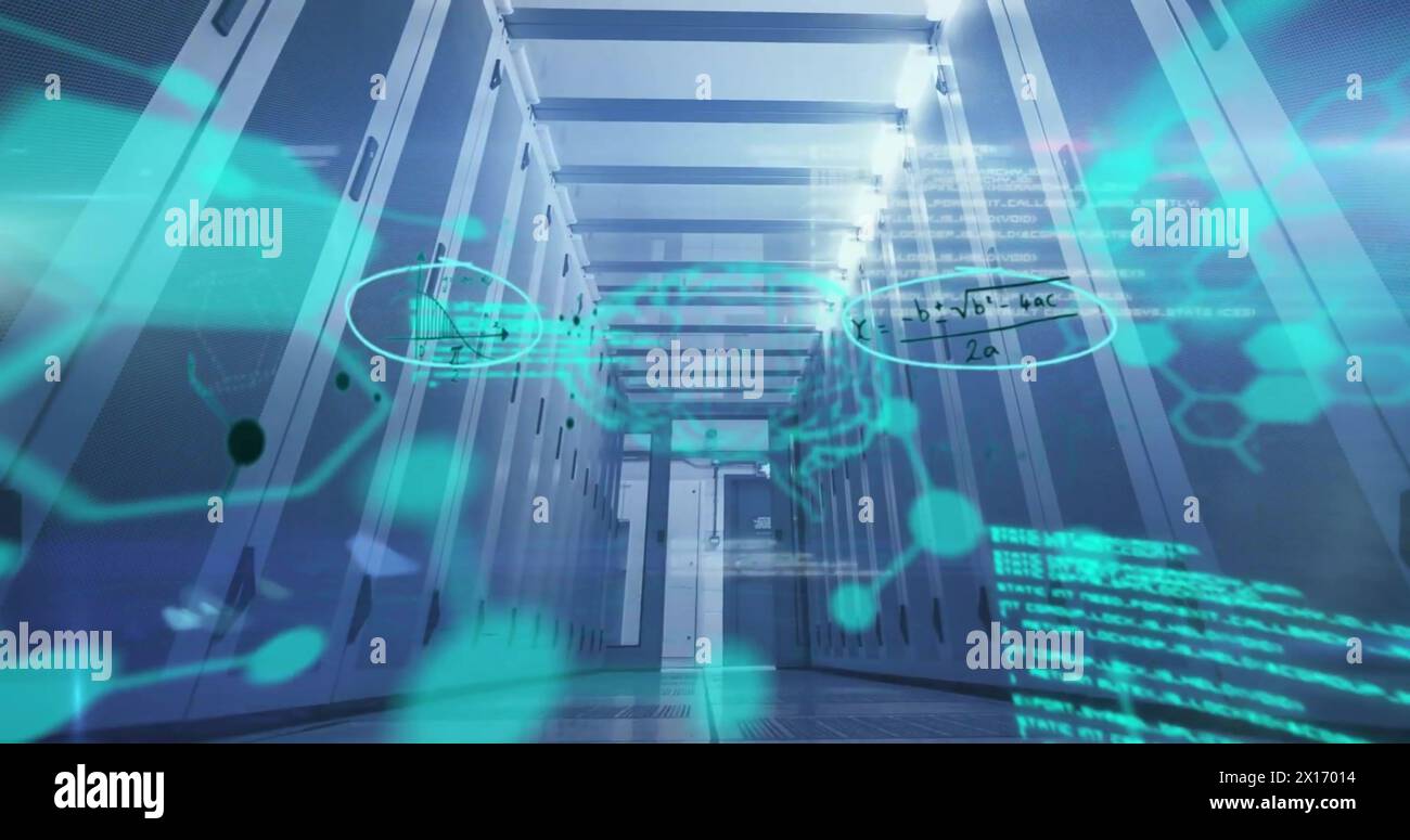 Image of molecular structure diagrams and data processing over server room Stock Photo - Alamy