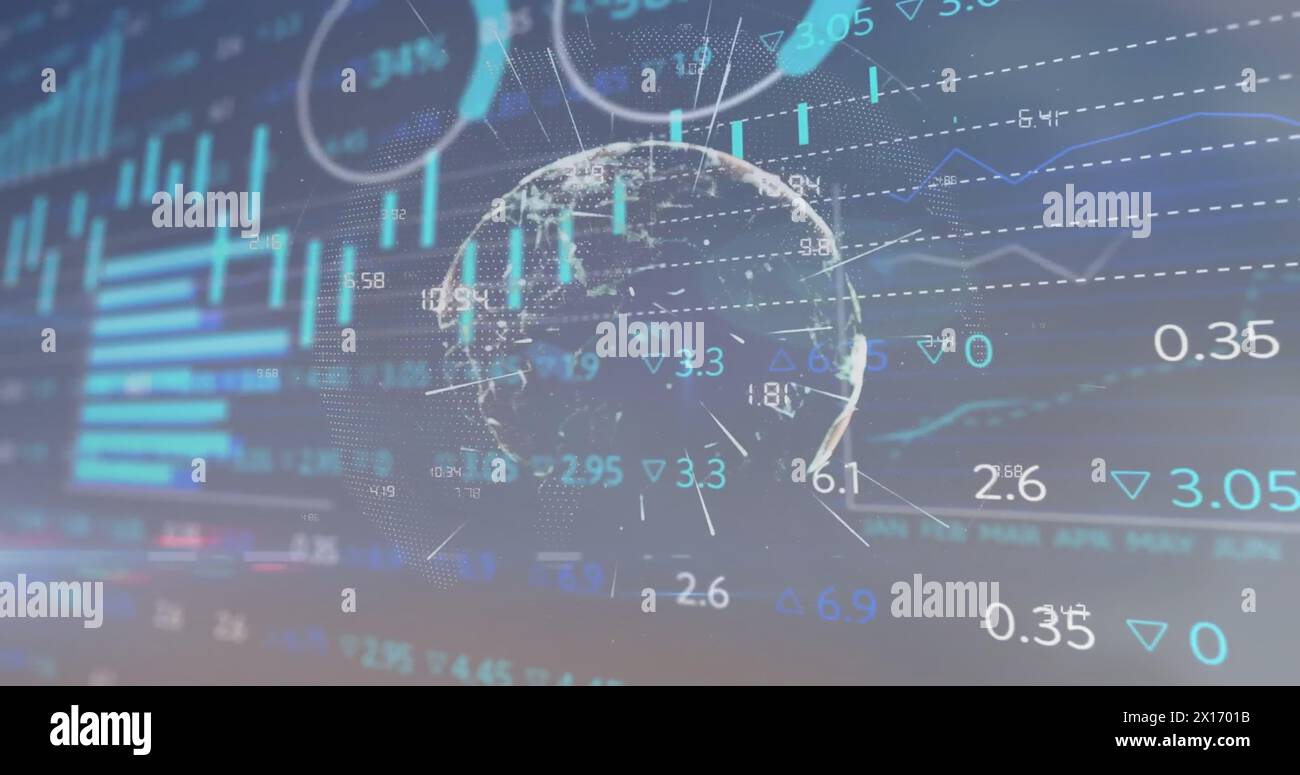 Image of financial data processing over globe with connections Stock Photo - Alamy