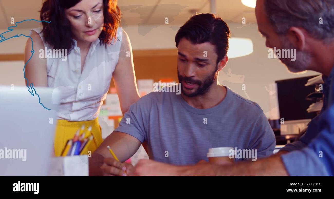 Image of data processing and world map over diverse business people ...