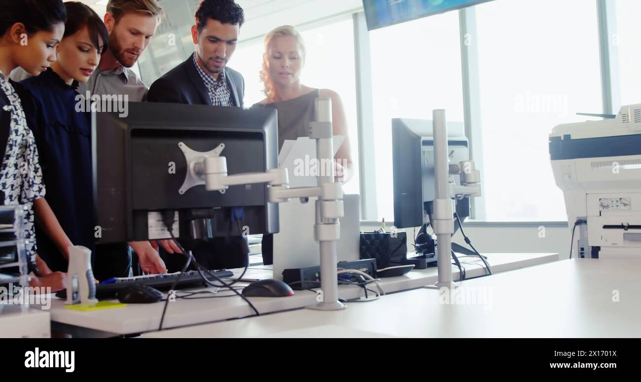 Image of data processing and world map over diverse business people ...