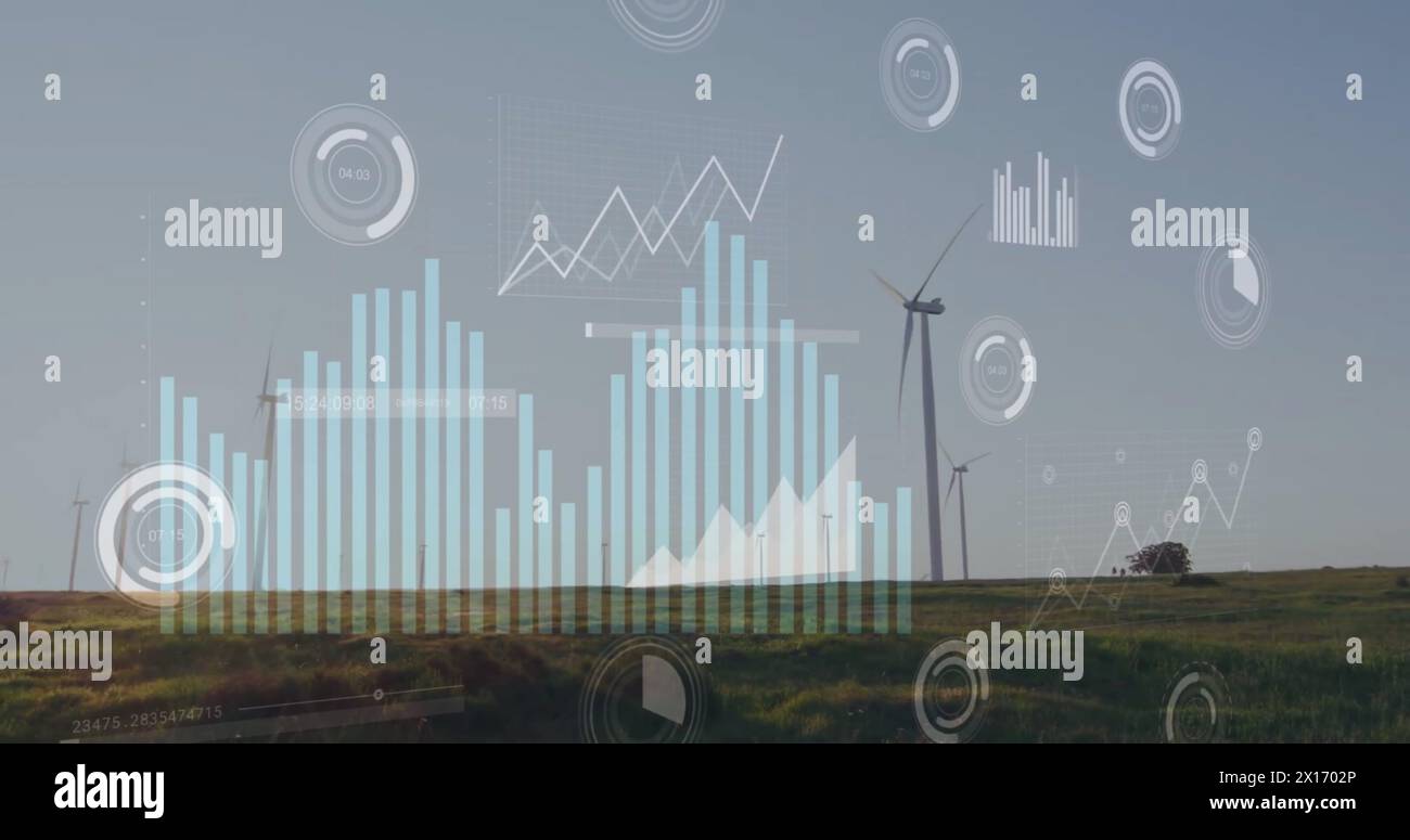 Image of financial data processing over wind turbines Stock Photo - Alamy