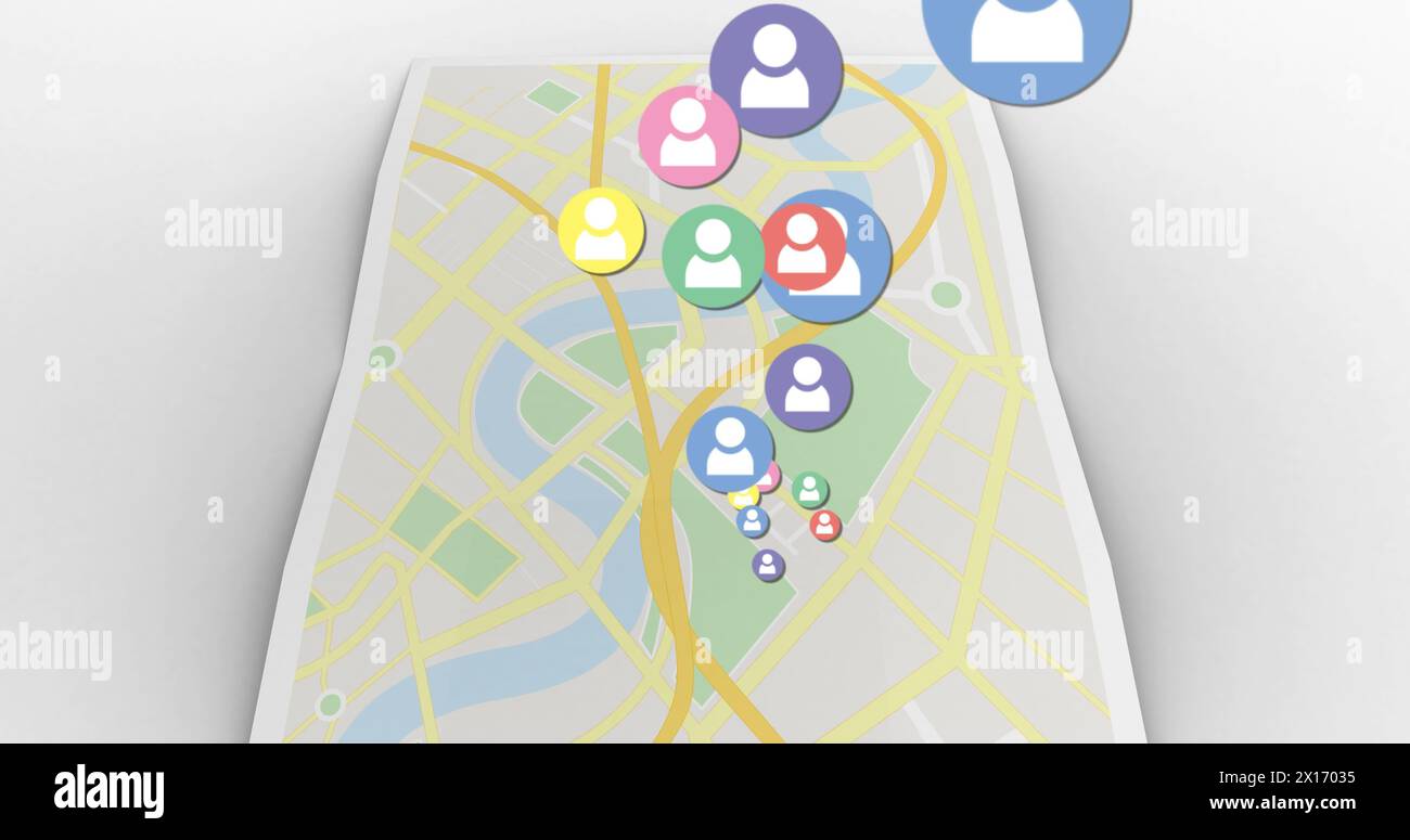 Image of multiple colourful digital social media people icons over map ...