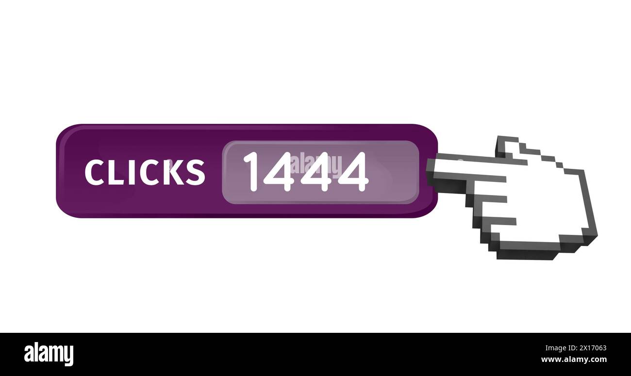 Image of numbers and clicks text in purple banner with finger pointing ...