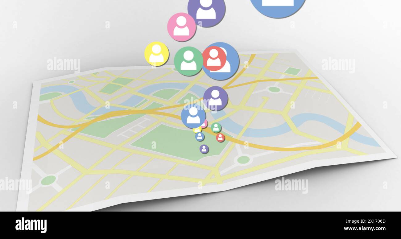 Image of multiple colourful digital social media people icons over map ...