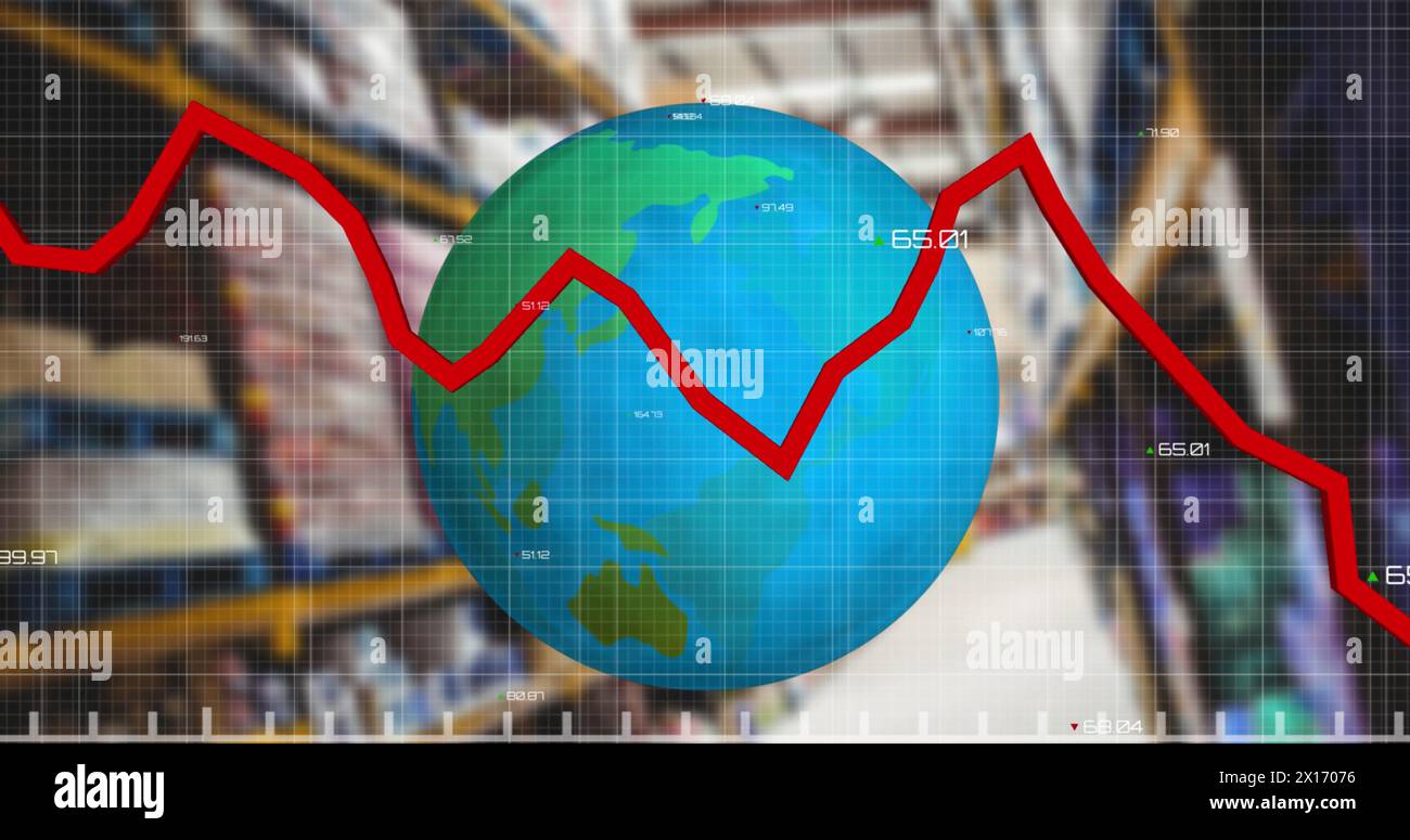 Image of red line processing with globe over warehouse Stock Photo - Alamy