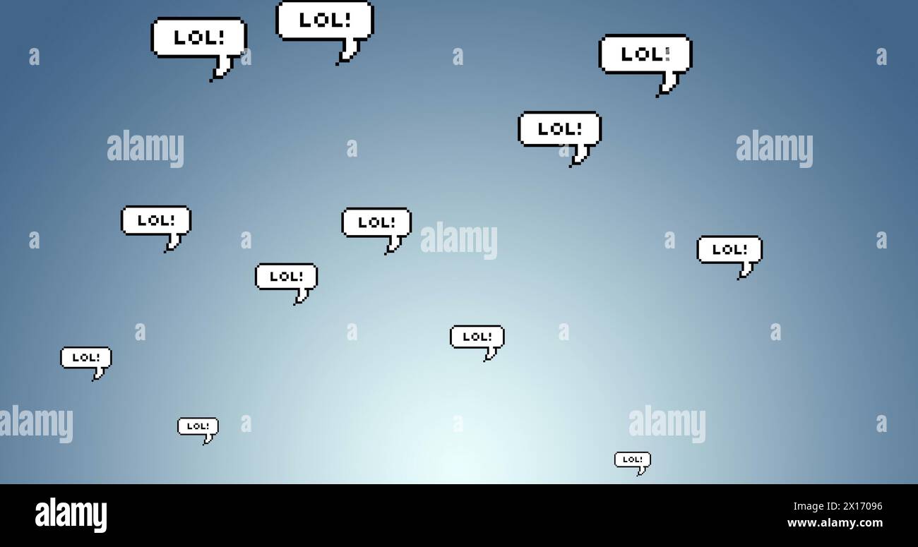 Digital image of lol text on multiple speech bubbles floating against ...