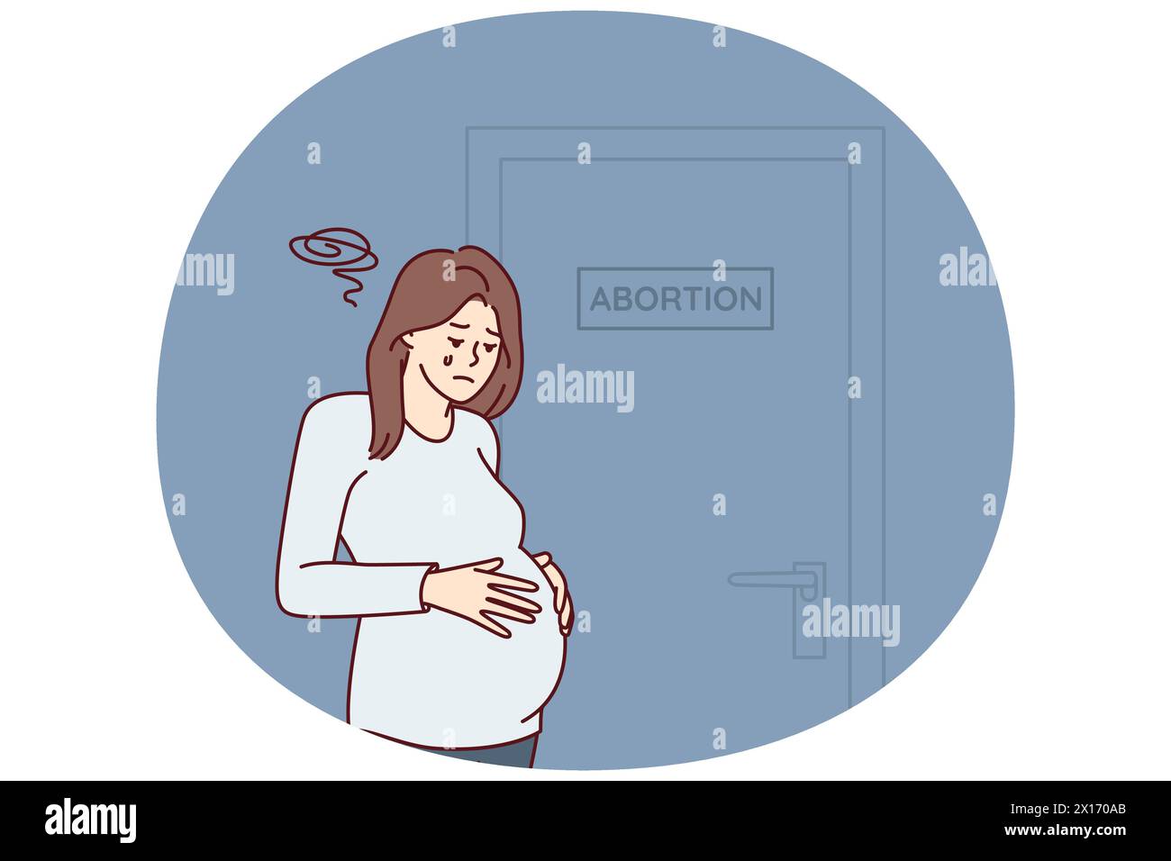 Upset pregnant woman stands near door with abortion sign needs ...