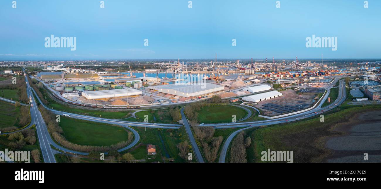 Aerial view of the industrial and port area of Ravenna ,chemical and ...