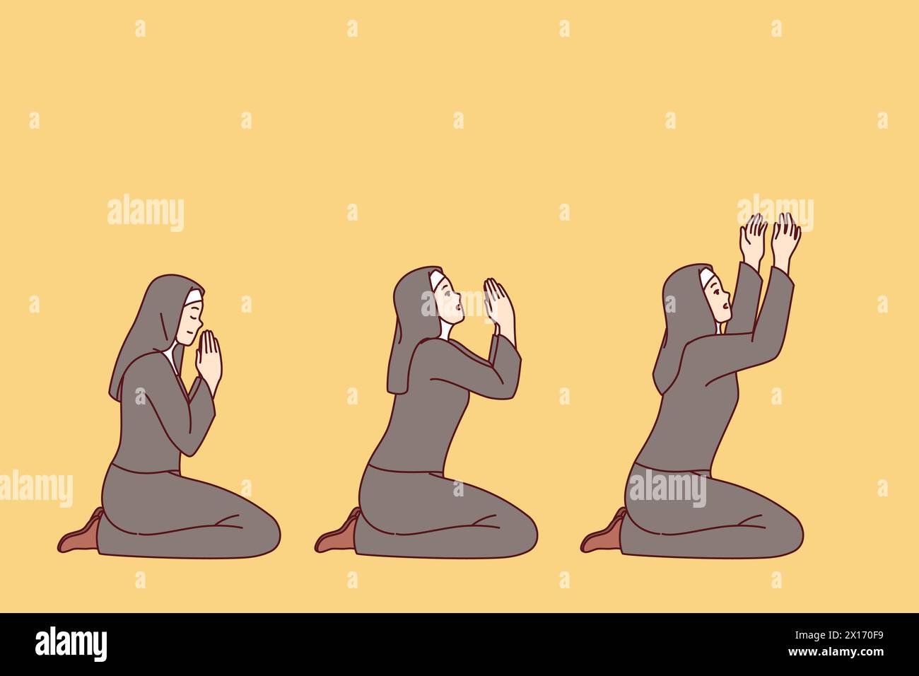 Praying catholic woman in christian cassock and headscarf kneels in ...