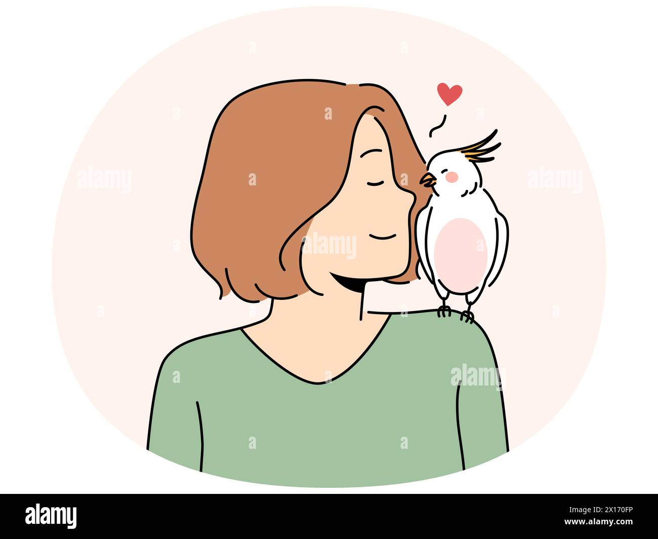 Happy woman with parrot sitting on shoulder. Smiling girl talk cuddle ...