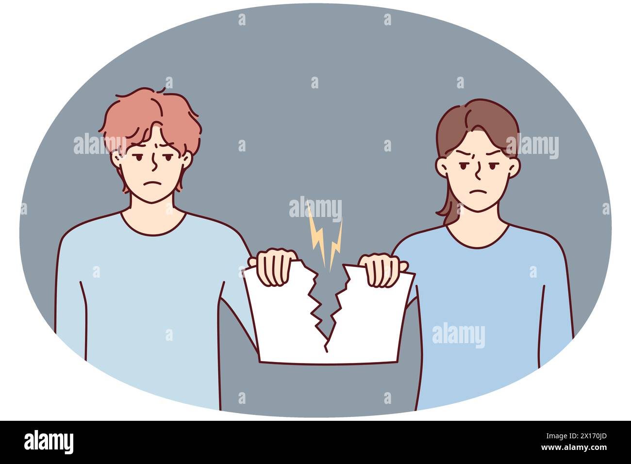 Angry man and woman holding sheet tearing joint paper after quarrel or ...