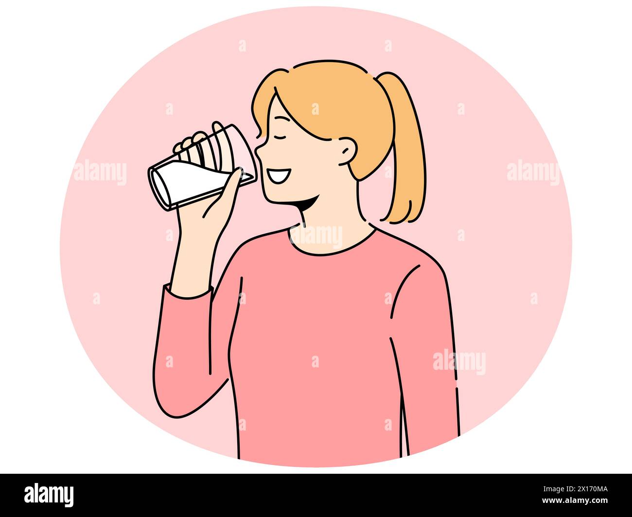 Smiling girl drinking milk from glass. Happy woman enjoy dairy product ...