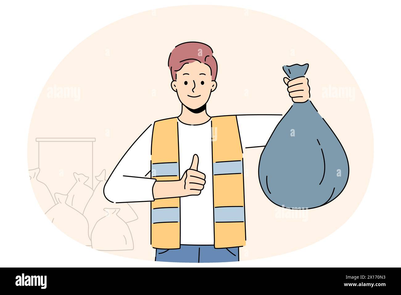 Garbage collector holding plastic bag with waste in hands show thumb up ...