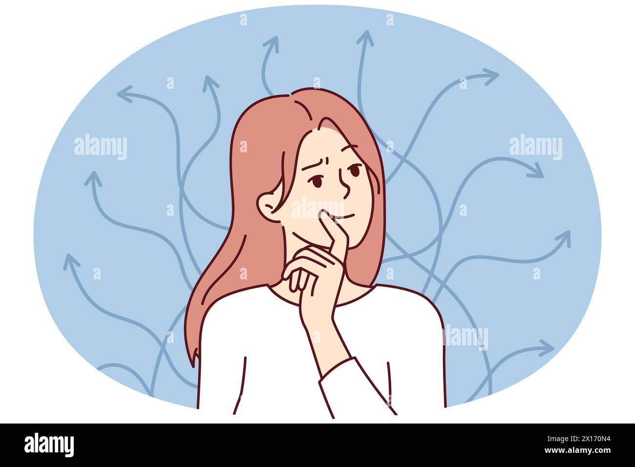 Smart woman touches lips standing near arrows pointing in different ...