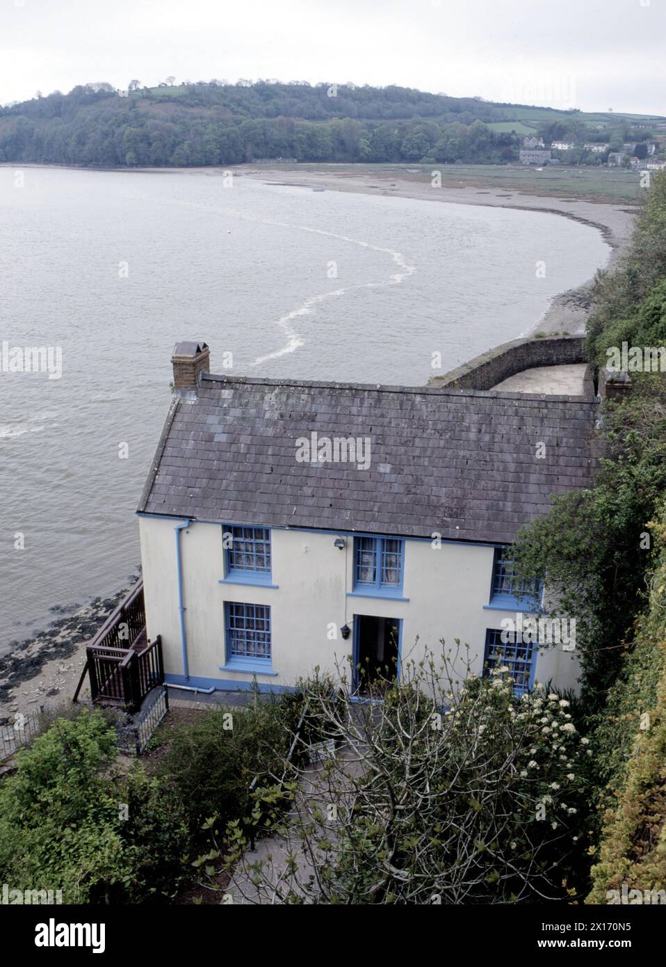 Dylan Thomas’ boathouse, overlooking the estuary where the river Taf ...