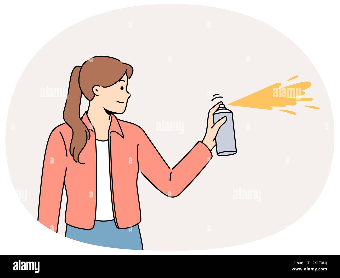 Smiling girl spray paint on wall background. Happy woman with bottle ...