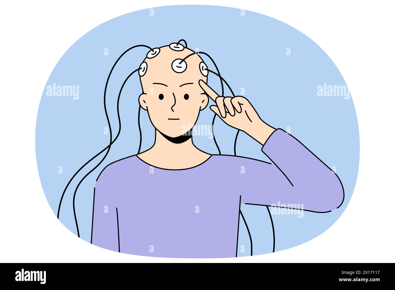 Bald person with electrodes connected to head engaged in neuroscience ...