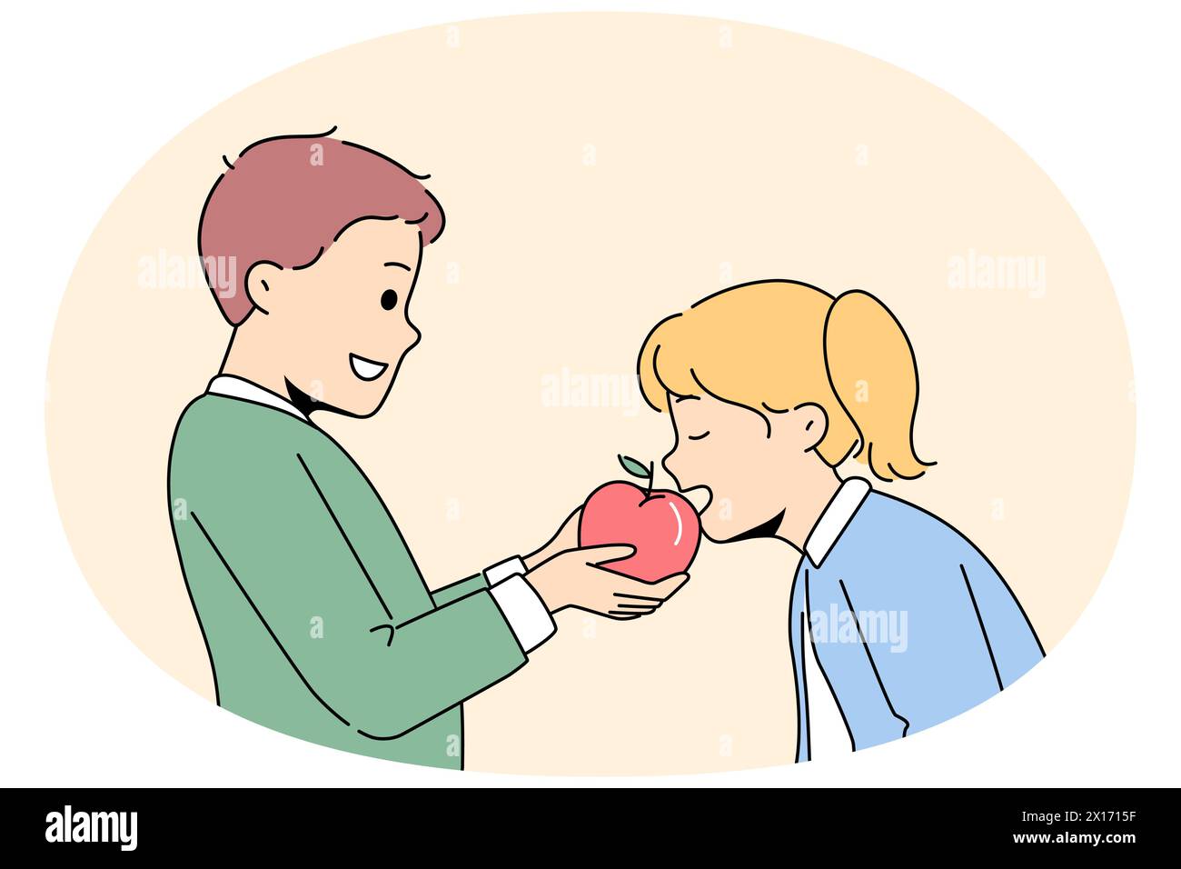 Smiling little children share fresh apple. Happy boy give bite ...