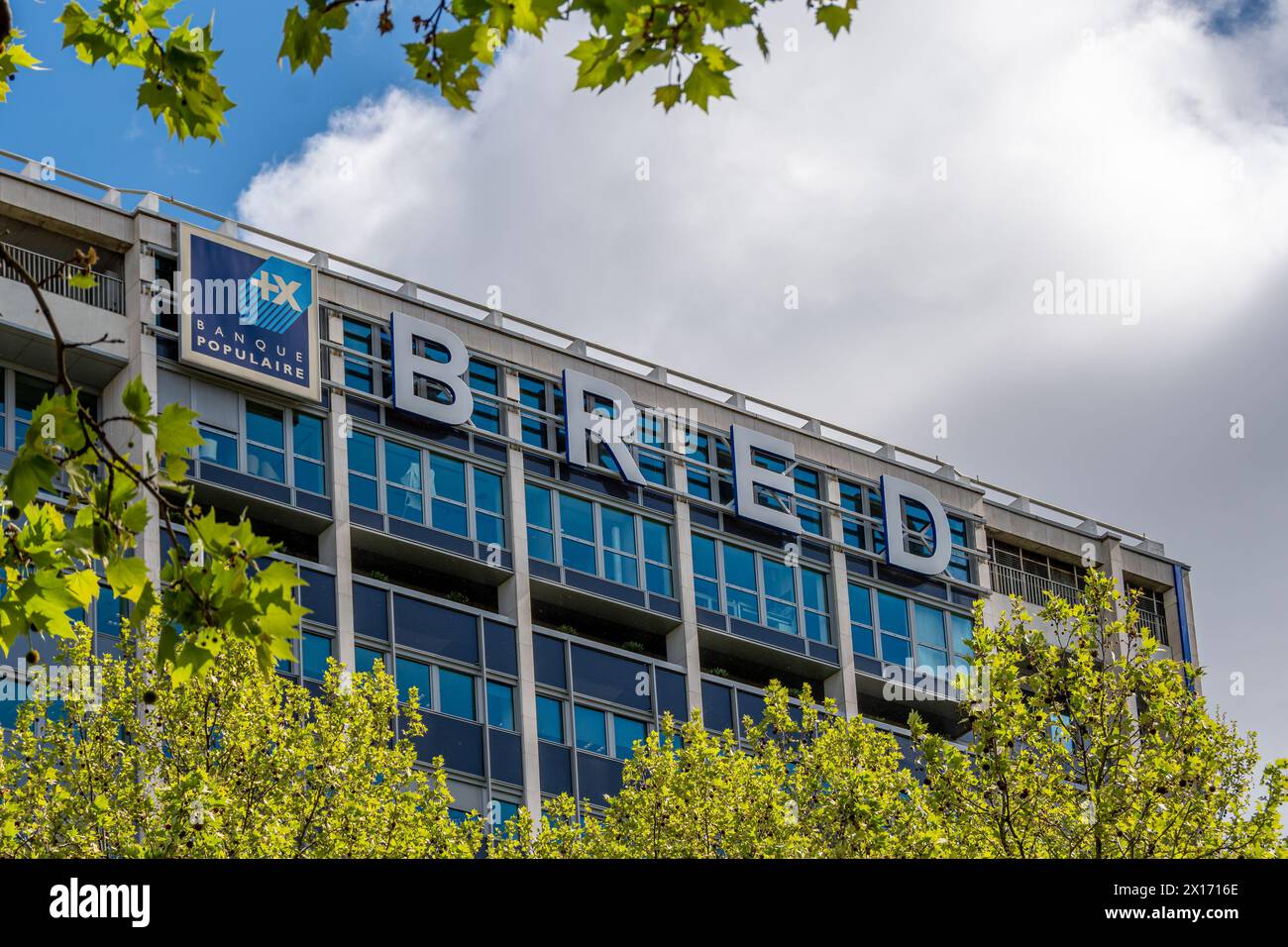 Sign and logo on the BRED Banque Populaire headquarters building. BRED ...