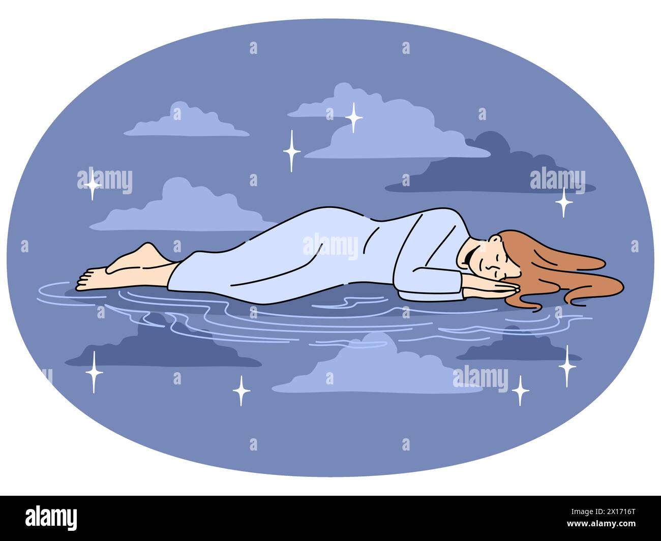 Calm woman lying sleeping in space among stars. Relaxed girl enjoying ...