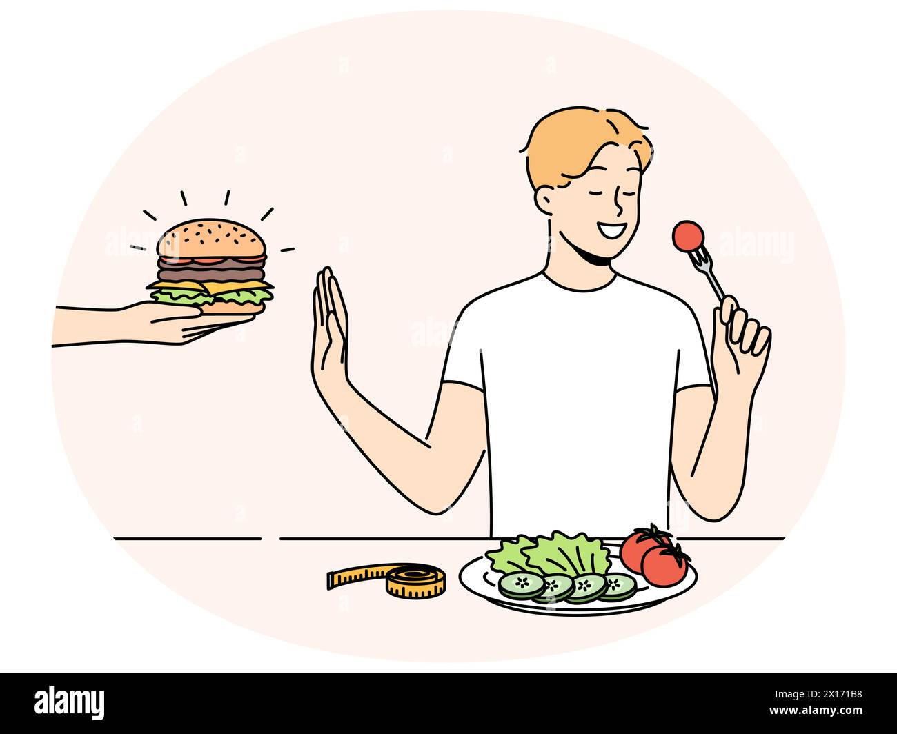 Smiling man sit at table eating healthy food refuse from fastfood ...