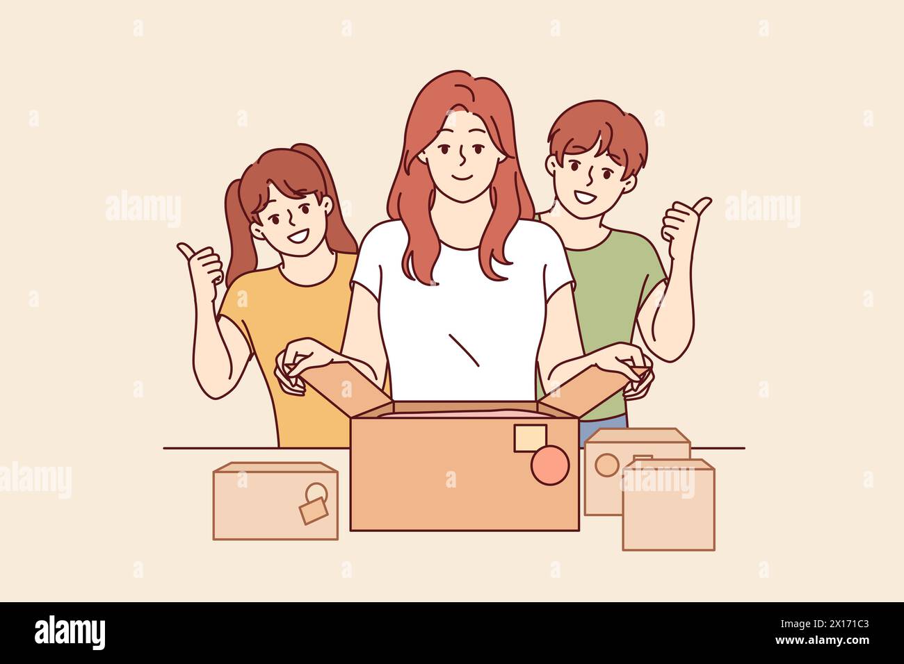 Mother and children prepare donation boxes, wanting to be useful to ...