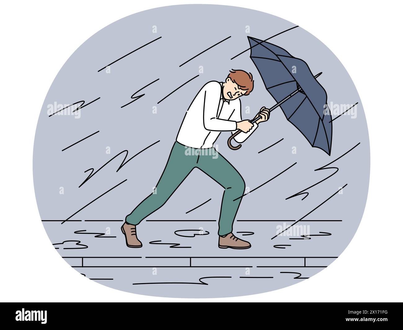 Decisive businessman with umbrella walk against storm and rain ...