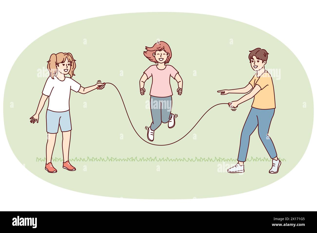 Teenage children stand on lawn jumping rope relaxing during summer ...