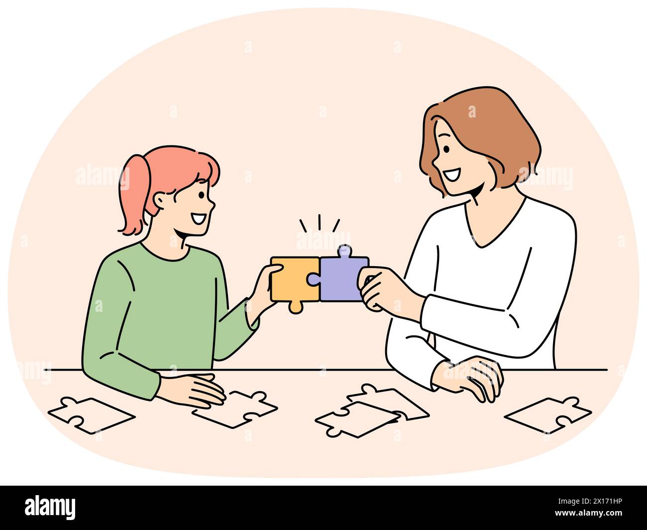 Smiling mother and daughter solve puzzles together. Happy mom and girl ...