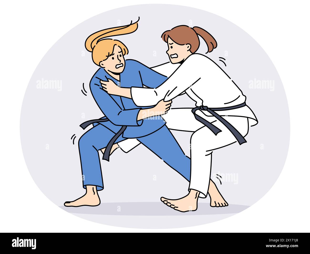 Women in karate kimonos fighting on ring. Female athletes in uniform ...