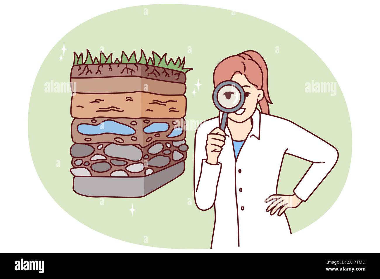 Woman scientist with magnifying glass is engaged in geology in search ...