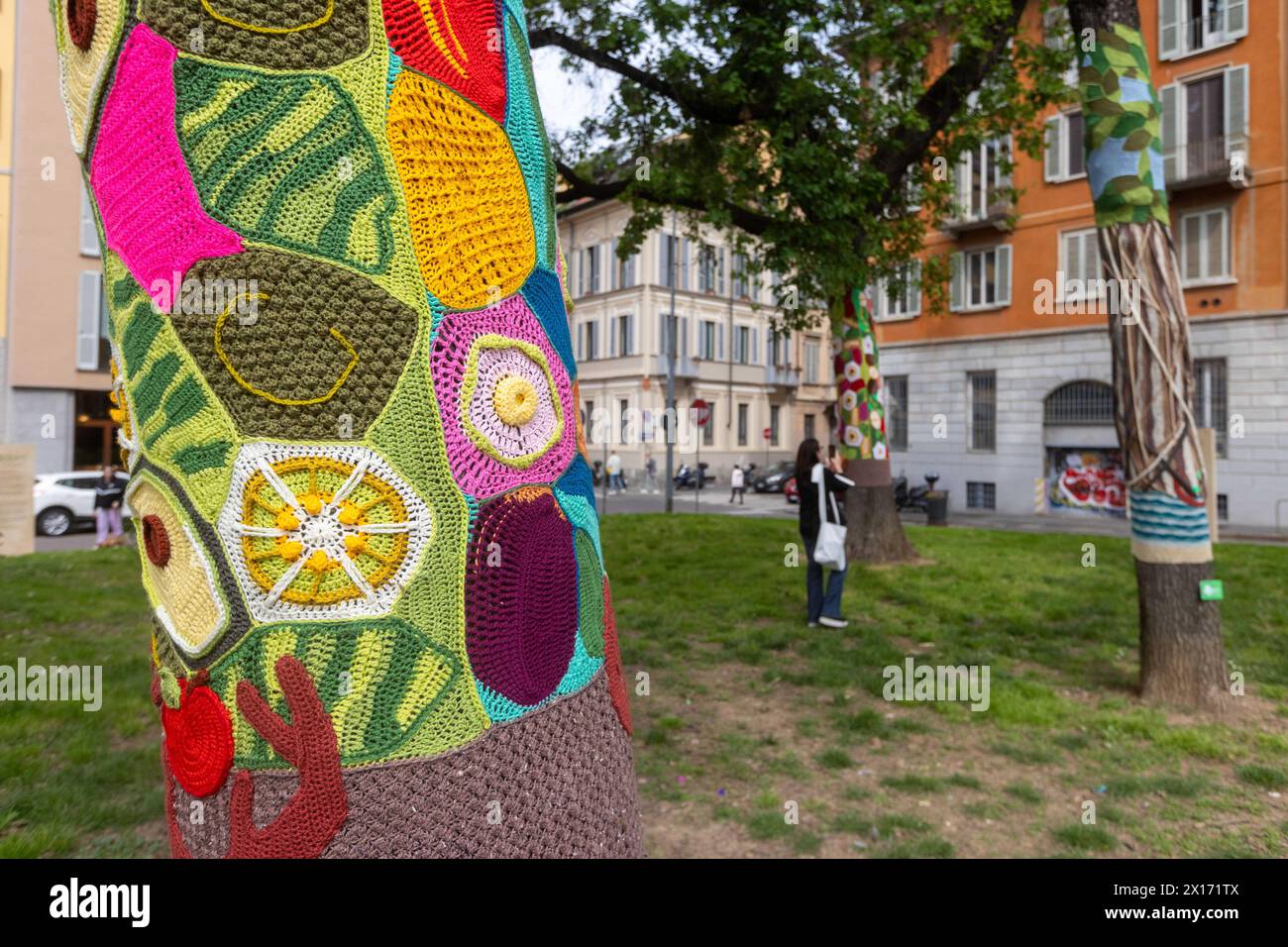 Milano, Italia. 15th Apr, 2024. Alberi coperti in Via Festa del Perdono ...