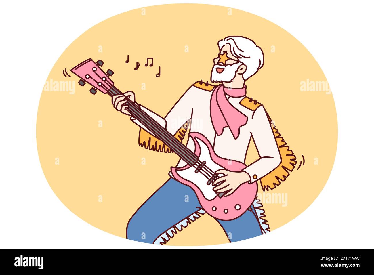 Elderly man playing music on guitar performing solo concert in front of ...