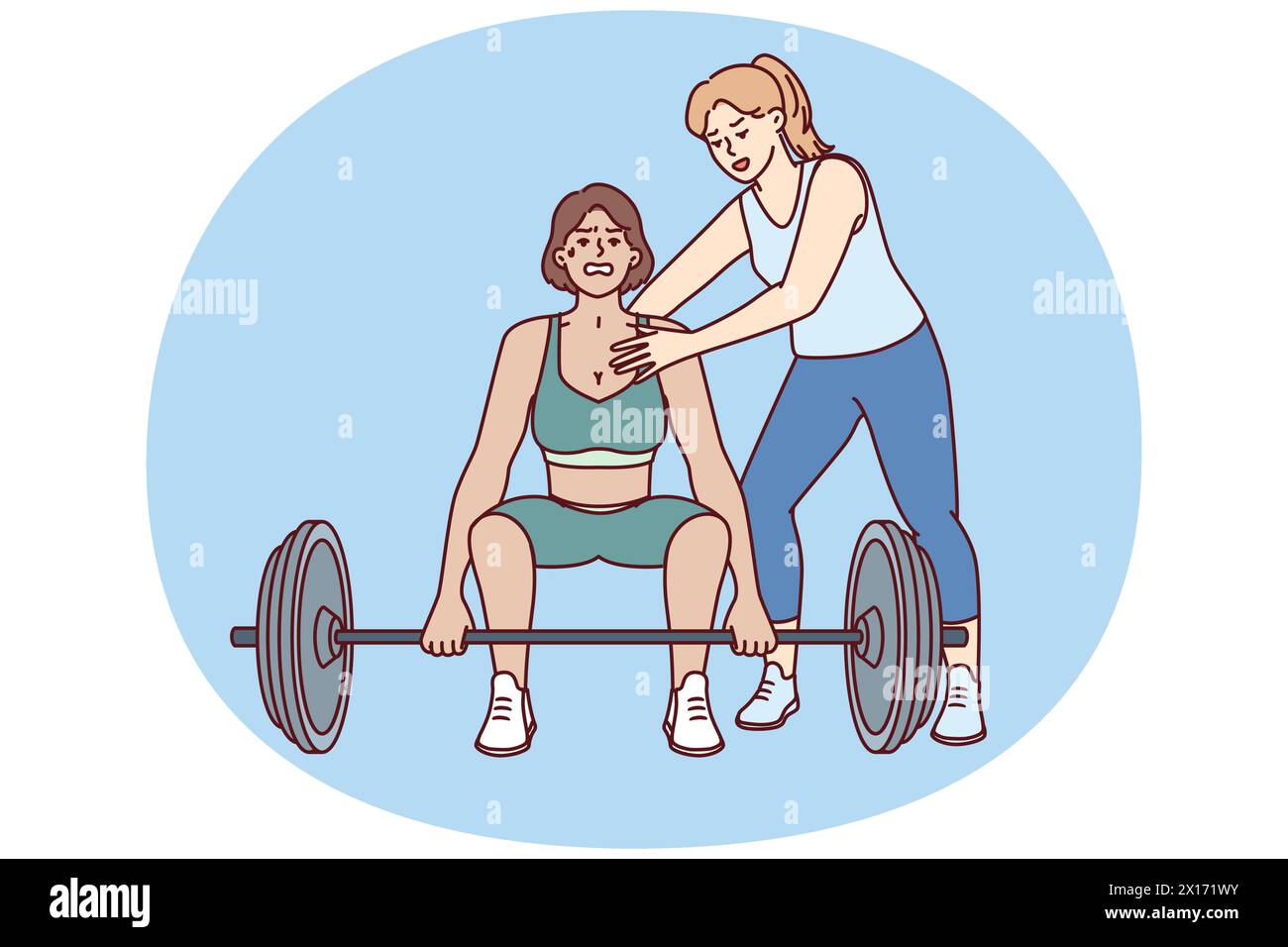 Strong athlete lifts heavy barbell under supervision of personal ...